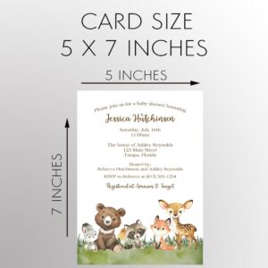 Woodland Friends Baby Shower Invitation Watercolor Forest Friends Available for Girls Boys Gender Neutral Unisex Woods Fox Deer Bear Country Personalized Customized Printed Cards (12 Count)