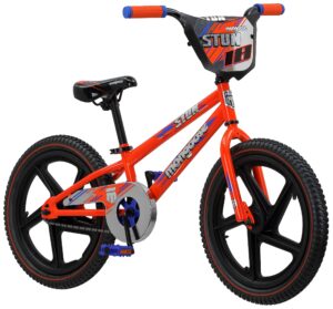 mongoose stun freestyle bmx kids bike, mag wheels, small stand-over steel frame, chain guard, foot brake, boys and girls 5 - 7 years old, 18-inch wheels, blue/orange