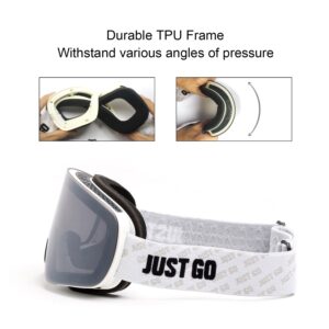 JUST GO Ski Goggles for Skiing Dual-Layer Anti-Fog 100% UV Protection lens Snowboard Goggles, White Frame/Gray Lens (VLT 18.6%)