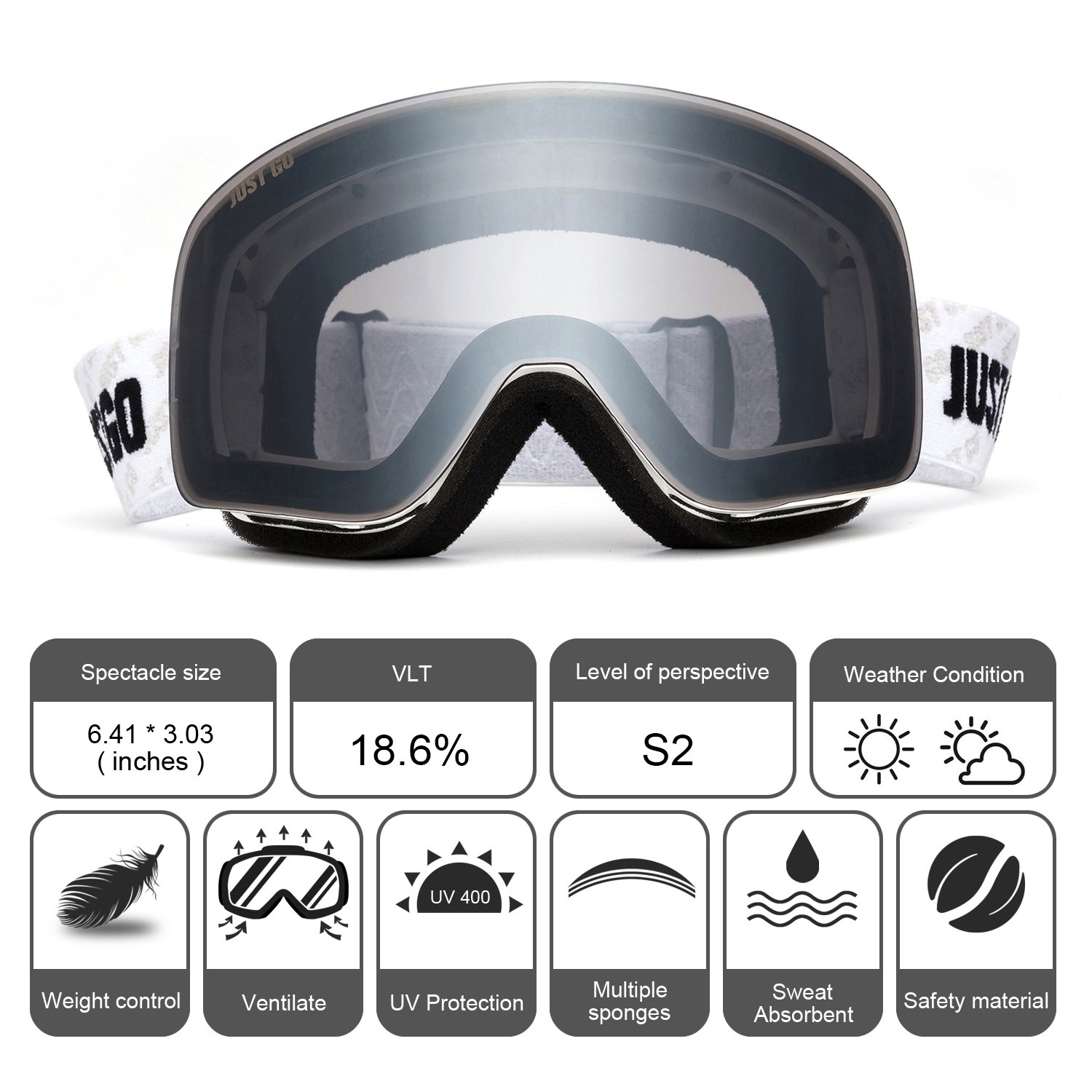 JUST GO Ski Goggles for Skiing Dual-Layer Anti-Fog 100% UV Protection lens Snowboard Goggles, White Frame/Gray Lens (VLT 18.6%)