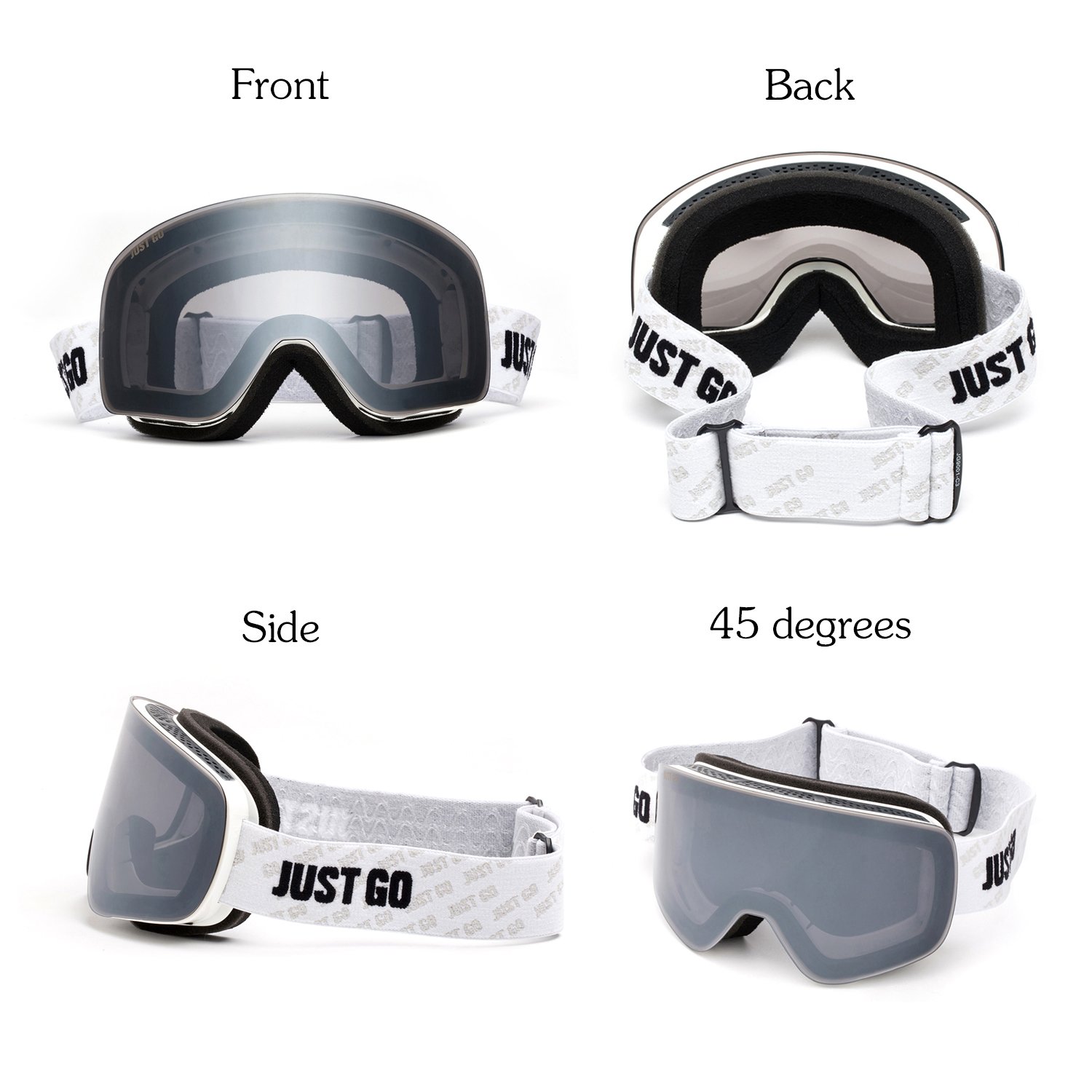 JUST GO Ski Goggles for Skiing Dual-Layer Anti-Fog 100% UV Protection lens Snowboard Goggles, White Frame/Gray Lens (VLT 18.6%)