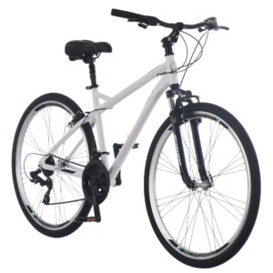 schwinn network 3.0 hybrid bike, men and women, 700c wheels, 21-speed, 18-inch aluminum frame, front suspension, alloy linear pull brakes, white