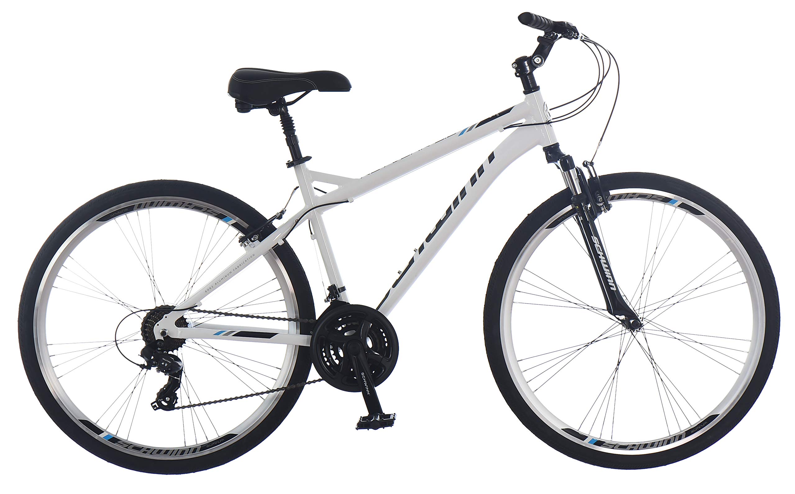 Schwinn Network 3.0 Hybrid Bike, Men and Women, 700c Wheels, 21-Speed, 18-Inch Aluminum Frame, Front Suspension, Alloy Linear Pull Brakes, White