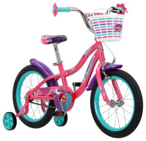 schwinn jasmine kids bike with training wheels, 16-inch wheels, front basket, coaster and hand brakes, pink