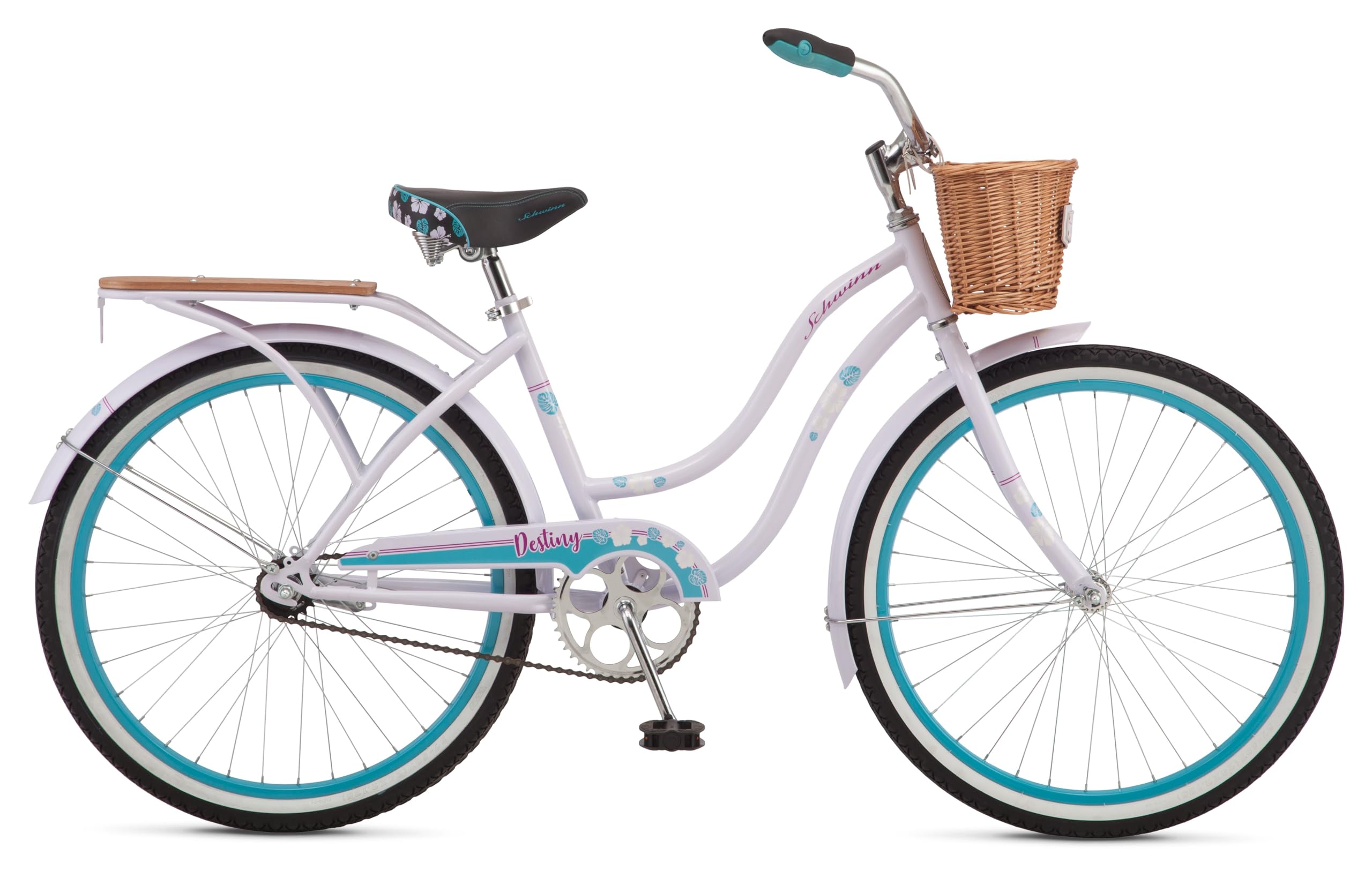 Schwinn Destiny Beach Cruiser Bike for Men Women, Ages 8 Up or Rider Height 4'8" to 5'6", 24-Inch Wheels, Single Speed, Rear Cargo Rack, Purple