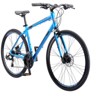 schwinn volare 1200 flat bar hybrid sports road bike, men and women, 21-speed, 700c wheels, 19-inch aluminum frame, disc brakes, matte blue