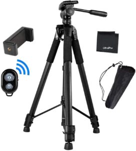 ultrapro 72" inch black camera tripod with universal smartphone mount + remote control compatible with iphone/android cell phone, includes ultrapro microfiber cleaning cloth