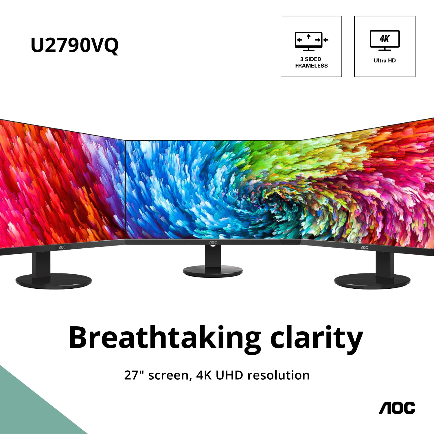 AOC U2790VQ 27" 4K 3840x2160 UHD Frameless Monitor, IPS, 5ms, 1 Billion+ Colors, 108% sRGB, VESA, Black