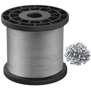 Wire Rope, 1/16 Wire Rope, Stainless Steel 304 Wire Cable, 328FT Length Aircraft Cable with 100pcs Sleeves Stops, 7x7 Strand Core, 368 lbs Breaking Strength Perfect for Outdoor,Yard,Garden or Crafts