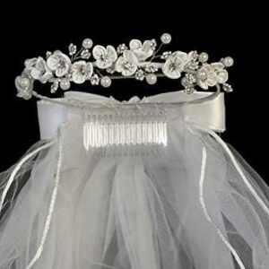 SWEA Pea & Lilli Girls First Communion Veil - White Holy 1st Communion Headpiece with Comb and Flowers