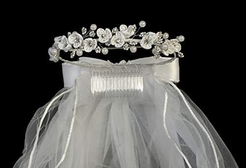 SWEA Pea & Lilli Girls First Communion Veil - White Holy 1st Communion Headpiece with Comb and Flowers