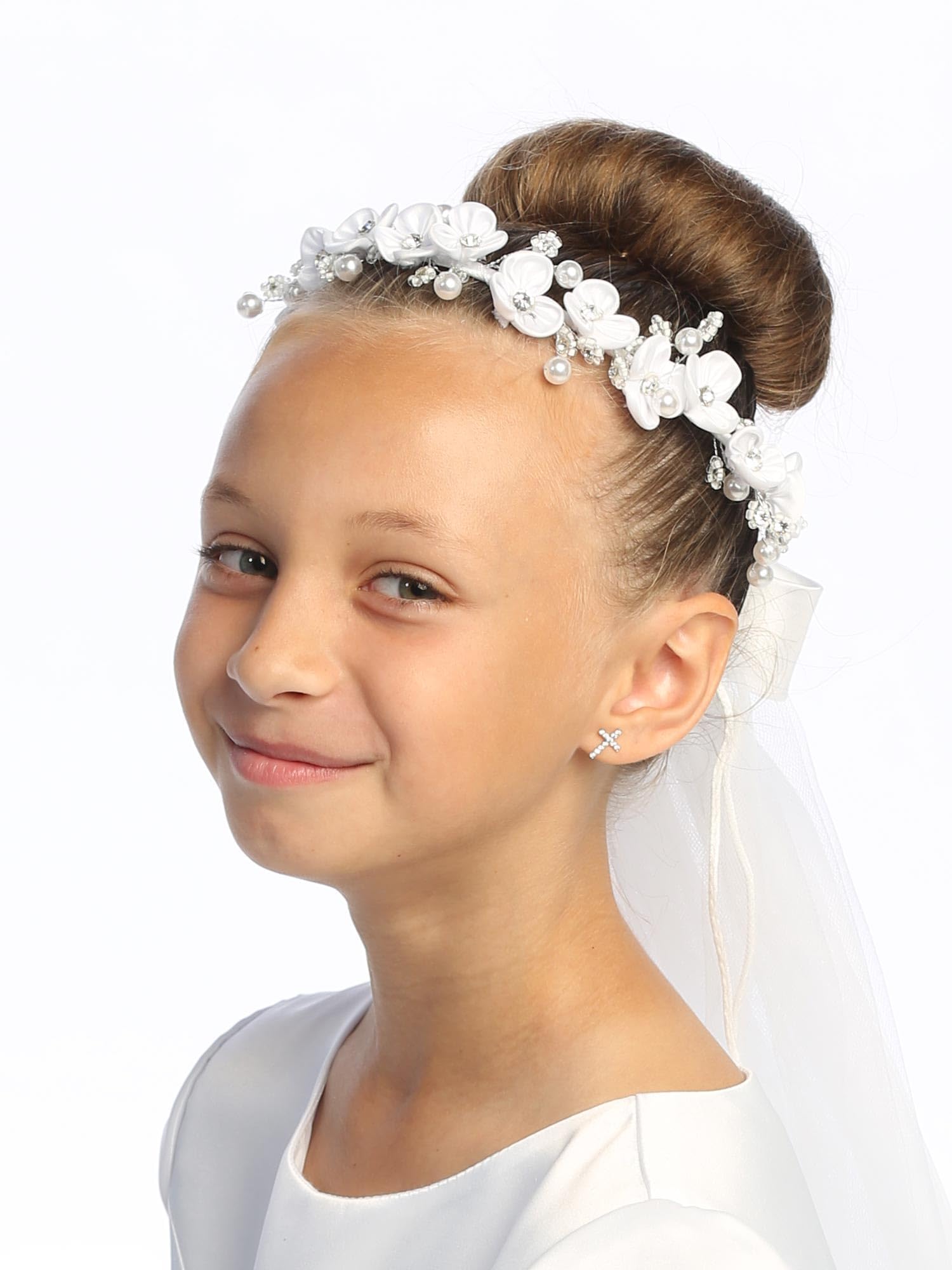 SWEA Pea & Lilli Girls First Communion Veil - White Holy 1st Communion Headpiece with Comb and Flowers