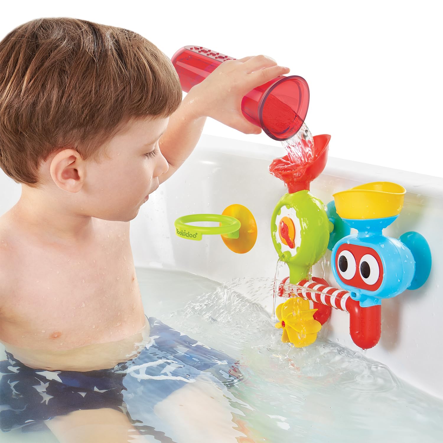 Yookidoo Baby Toddler Bath Wall Toy (Ages 1-3) Waterfall Spinning Gears & Rotating Googly Eyes - Mold Free - Attach to Any Tub or Shower - Spin N Sprinkle Water Lab - Great for Boys, Girls,& Kids