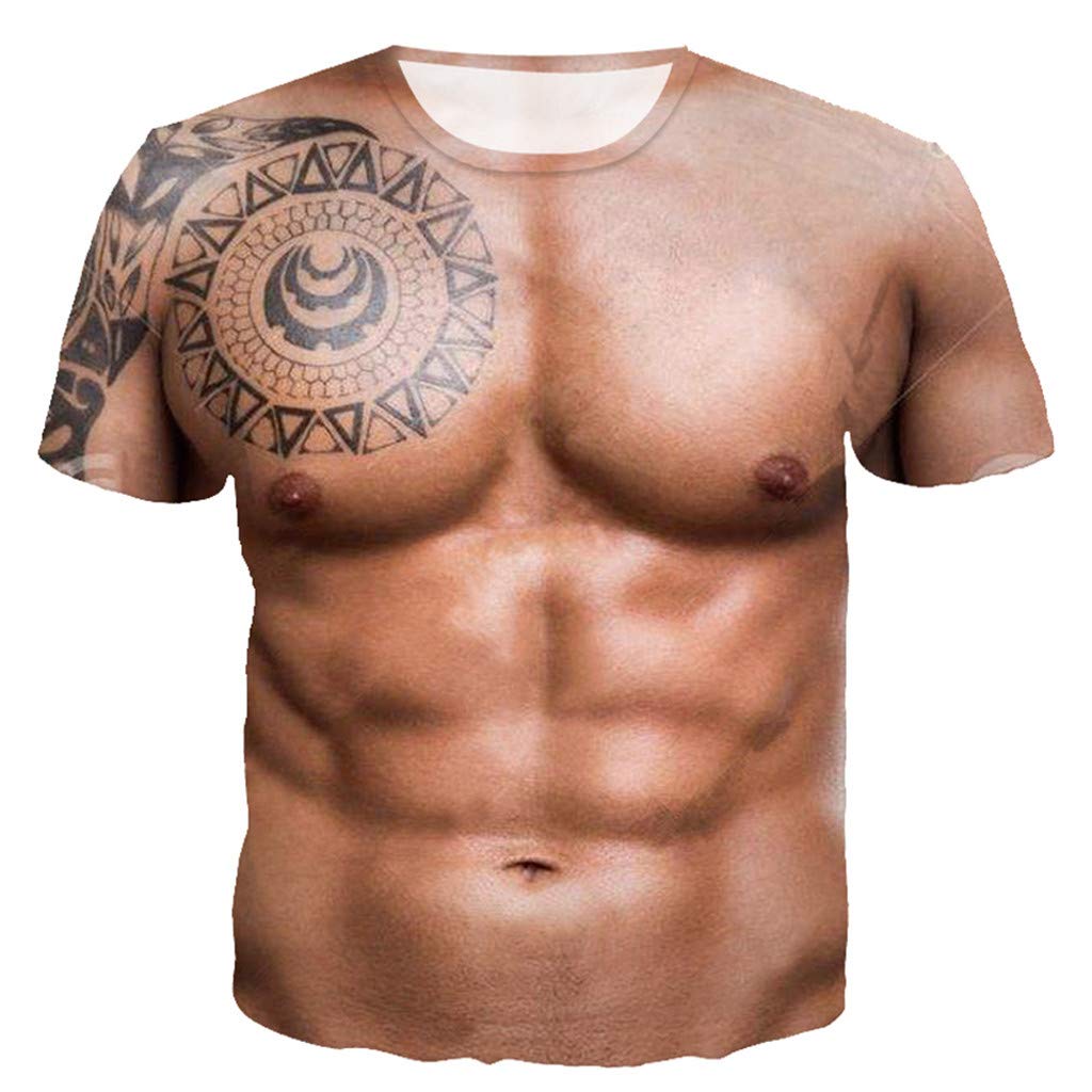 baskuwish Men T-Shirts, Fashion Funny 3D Muscle Printed Short Sleeve Shirts O-Neck Tees Funny Body Print T-Shirt for Men (XL, Brown)