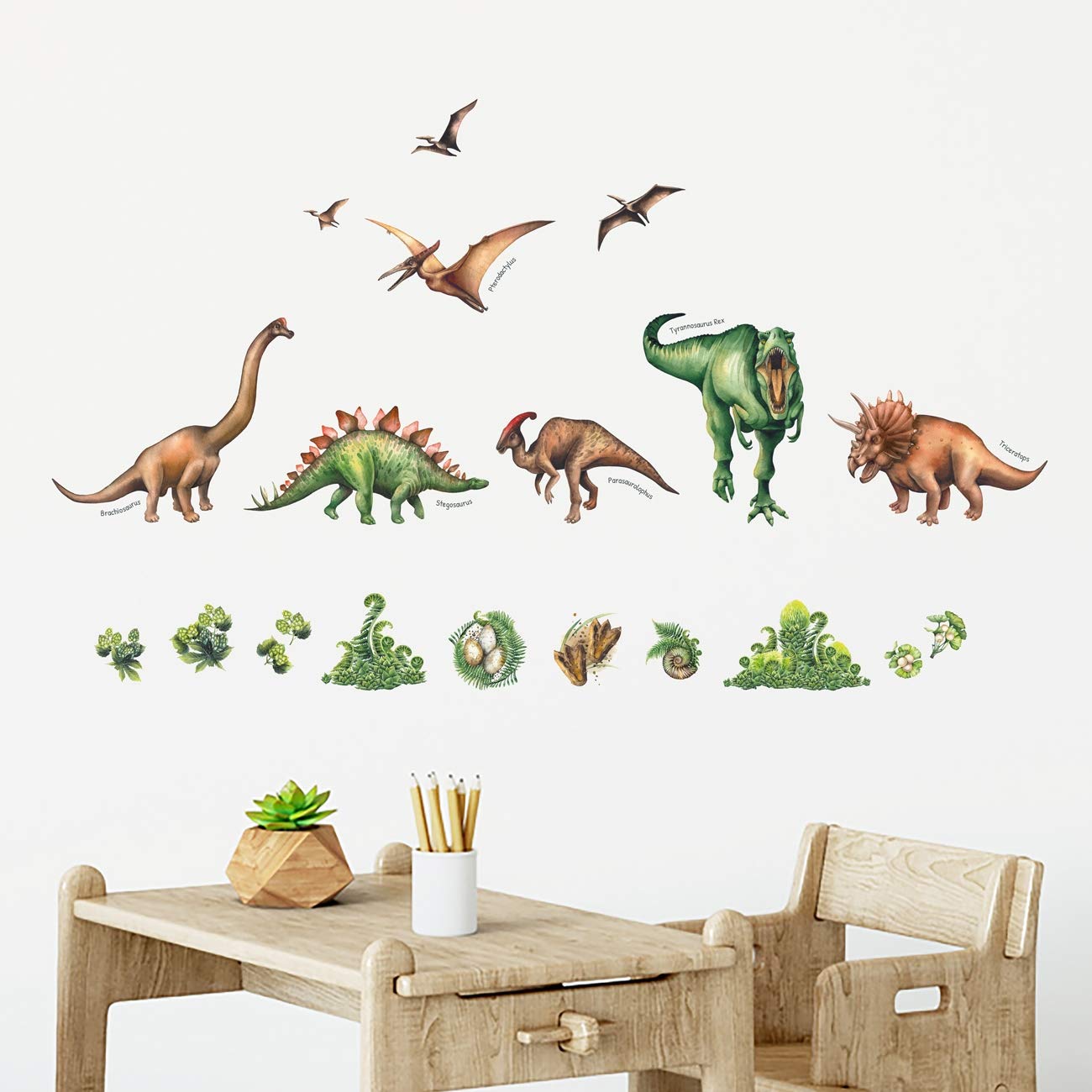 DECOWALL DS-8034 Watercolour Dinosaur Kids Wall Stickers Wall Decals Peel and Stick Removable Wall Stickers for Kids Nursery Bedroom Living Room (Small) d?cor