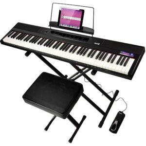 rockjam 88-key beginner digital piano with full-size semi-weighted keys, power supply, keyboard stand, keyboard bench, sustain pedal, simply piano app content & key note stickers