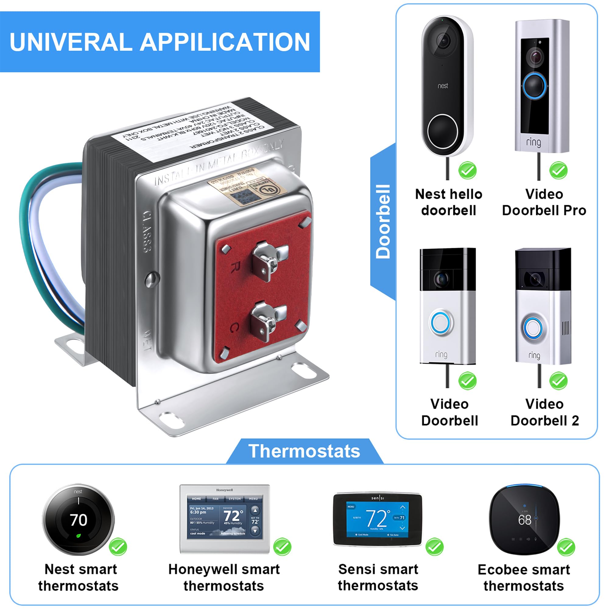 Maxdot Doorbell Transformer 24V 40VA Compatible with Ring Wired Video Doorbell, UL Certification Safe Wired 24 Volt Doorbell Kit, Easy to Install Door Bell Transformer for Home (1 Pcs)