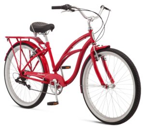 schwinn sanctuary 7 comfort beach cruiser bike for adult women men, 7-speed drivetrain in retro-styled 17-inch steel step-through frame, 26-inch wheels, with front & rear fenders, rear cargo rack