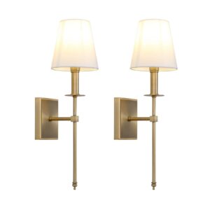 permo set of 2 classic rustic industrial wall sconce lighting fixture with flared white textile lamp shade and antique brass tapered column stand