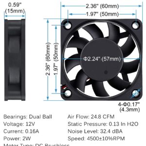 GDSTIME Dual Ball Bearing 60mm x 60mmx 15mm 12V High Speed DC Brushless Cooling Fan