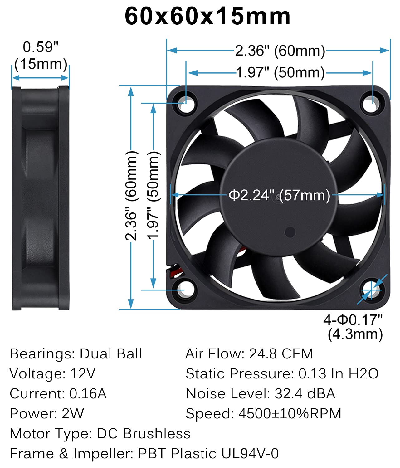 GDSTIME Dual Ball Bearing 60mm x 60mmx 15mm 12V High Speed DC Brushless Cooling Fan