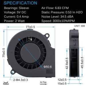 GDSTIME 75mm USB Fan, 75mm x 15mm Blower Fan, 5V DC Brushless Cooling Fan For Laptop