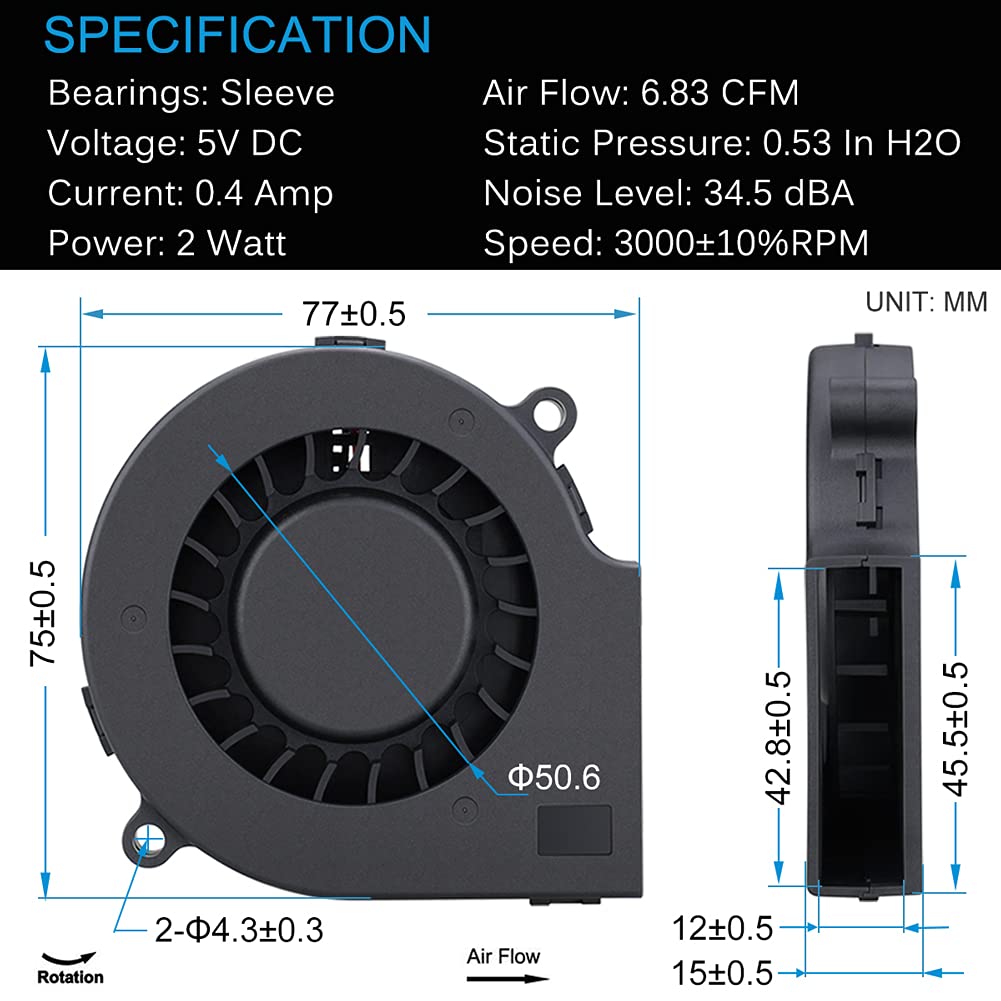 GDSTIME 75mm USB Fan, 75mm x 15mm Blower Fan, 5V DC Brushless Cooling Fan For Laptop