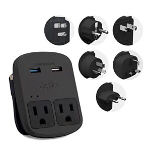 ceptics world travel adapter kit - qc 3.0 dual usb + dual us outlets, surge protection, perfect for europe, uk, china, australia, japan, perfect for laptop, cell phones, cameras - safe etl - black