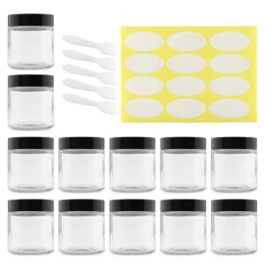 cornucopia 4-ounce clear glass jars (12-pack); straight-sided containers for cosmetics and food storage with spatulas and labels