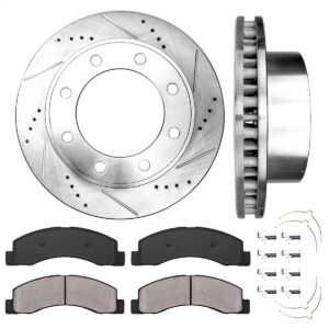 callahan front brake kit for 4wd 1999-2004 ford excursion f-250 f-350 super duty drilled & slotted brake rotors and ceramic brakes pads 2000 2001 2002 2003 replacement: 13.03" inch rotors