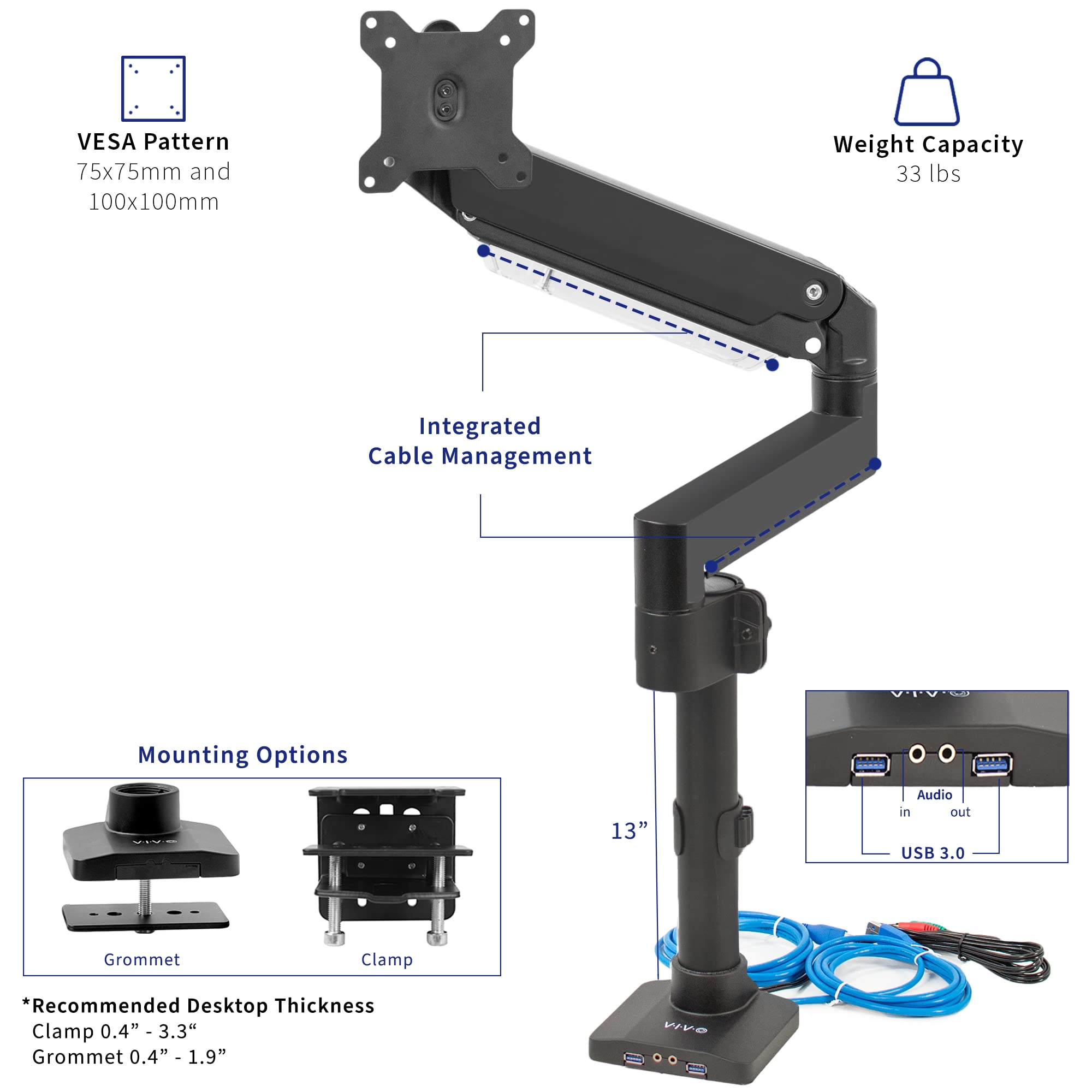 VIVO Premium Aluminum Tall Extended Monitor Arm for Ultrawide Monitors up to 49 inches and 33 lbs, USB Single Desk Mount Stand, Pneumatic Height Adjust, Max VESA 100x100, Black, STAND-V101GTU