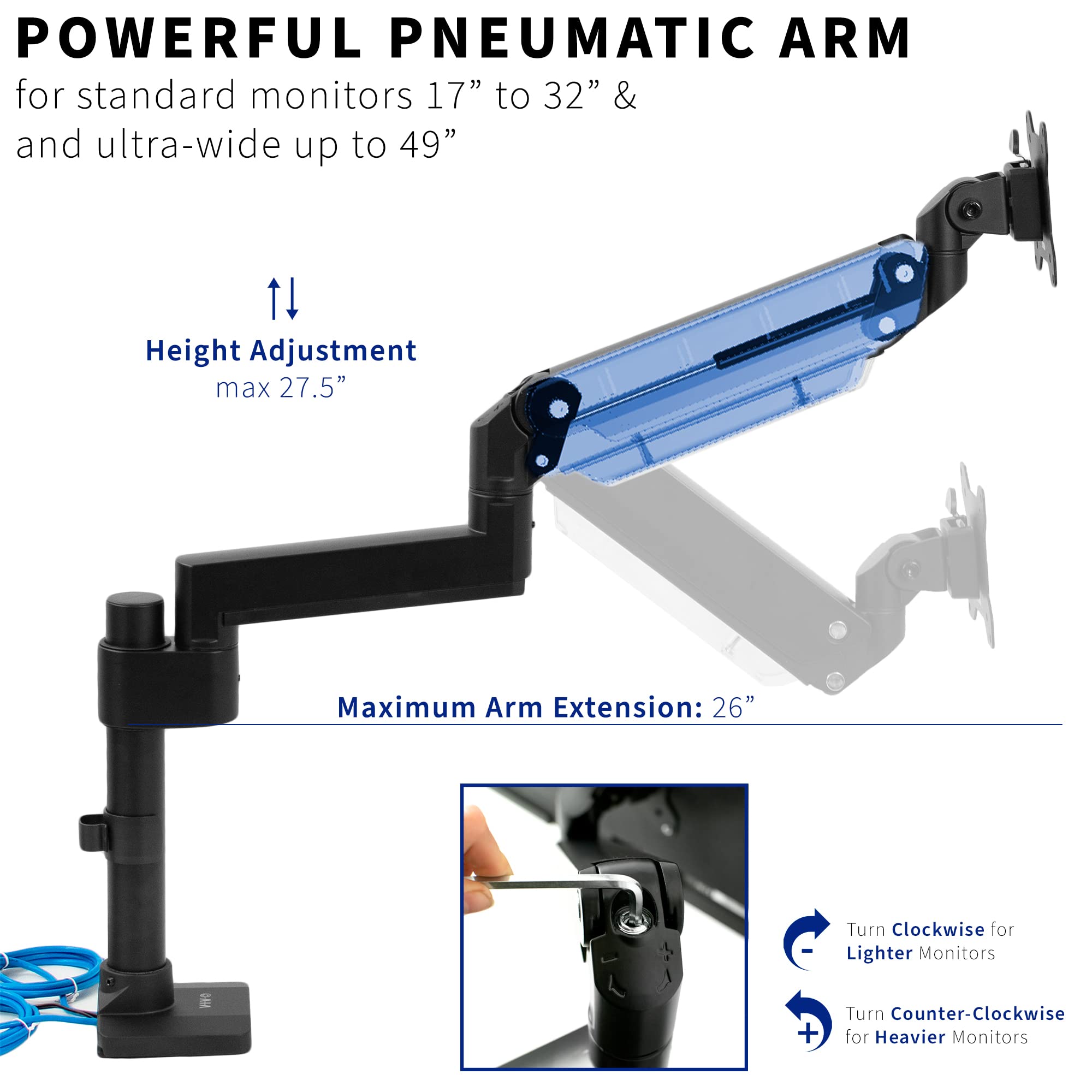 VIVO Premium Aluminum Tall Extended Monitor Arm for Ultrawide Monitors up to 49 inches and 33 lbs, USB Single Desk Mount Stand, Pneumatic Height Adjust, Max VESA 100x100, Black, STAND-V101GTU