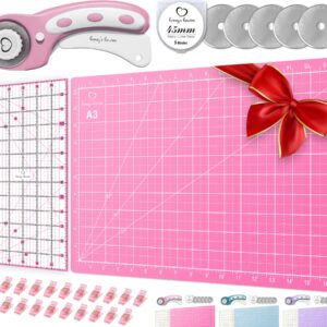 Rotary Cutter Set pink - Quilting Kit incl. 45mm Fabric Cutter, 5 Replacement Blades, A3 Cutting Mat, Acrylic Ruler and Craft Clips - Ideal for Crafting, Sewing, Patchworking, Crochet & Knitting x