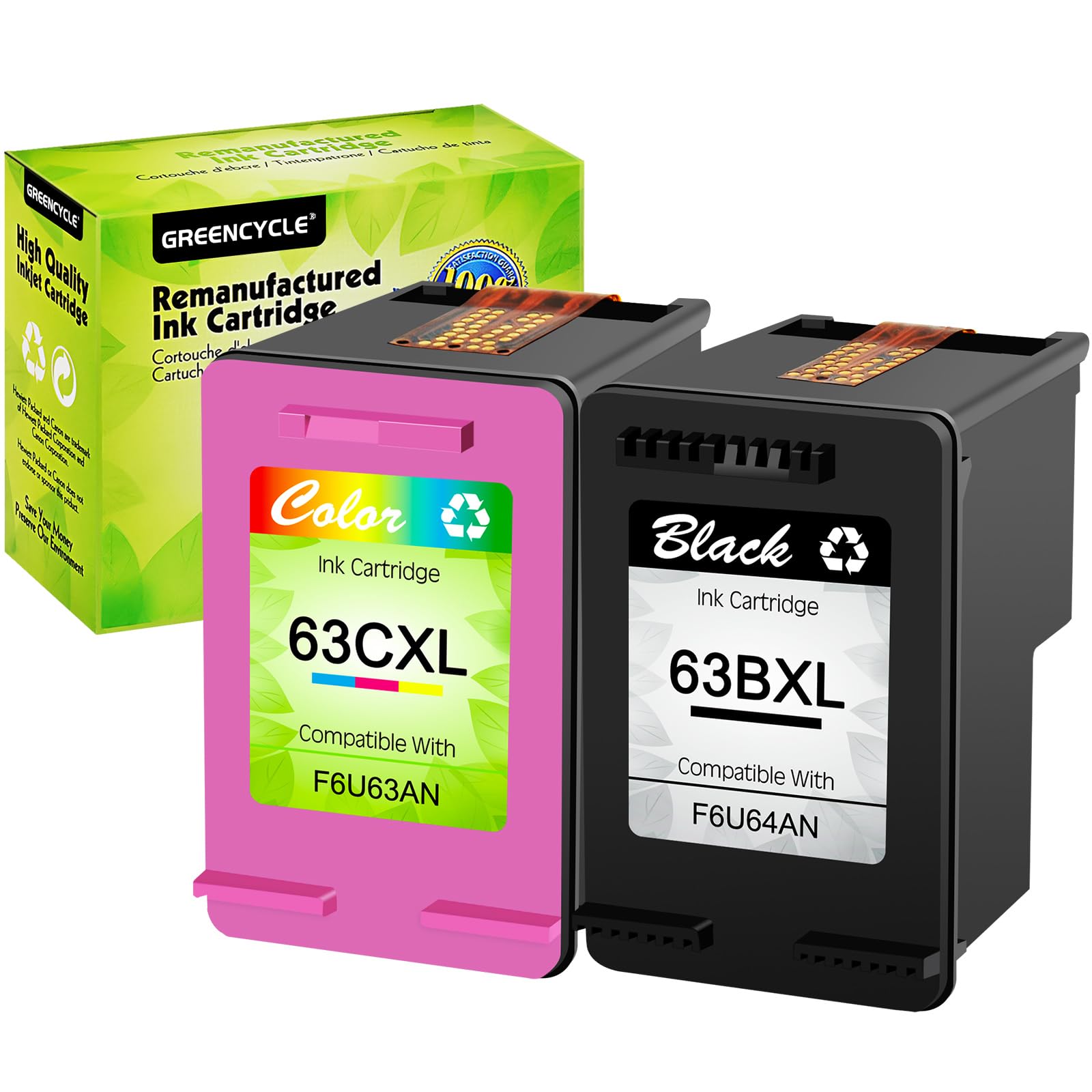 greencycle Re-Manufactured 63XL 63BXL 63CXL Ink Cartridge Compatible for HP Envy 4520 4510 OfficeJet 4650 4658 3830 5255 5258 DeskJet 2136 3636, with New Version chip (Black 1 Pack, Tir-Color 1 Pack)