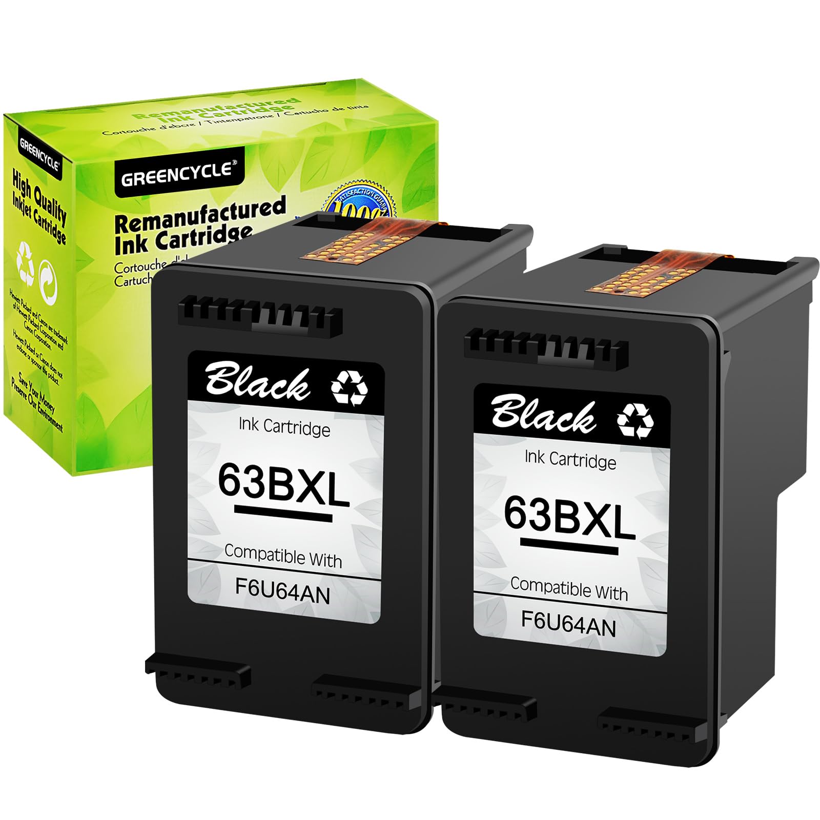 greencycle Re-Manufactured 63XL 63BXL Black Ink Cartridge Compatible for HP Envy 4520 4510 4528 OfficeJet 4650 4658 3830 5255 5258 DeskJet 1110 2130 3630, with New Version chip (Black, 2 Pack)