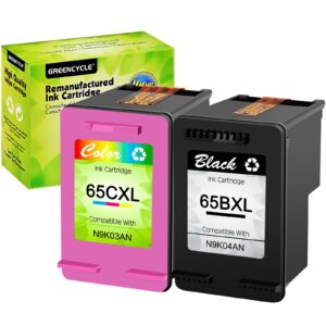 greencycle 65XL High Yield Ink Cartridges Remanufactured Replacement for HP Ink 65 Black and Color Combo Pack Compatible with Envy 5055 5052 5058 Deskjet 2655 2622 3720 3730 3752 3758 Series Printer