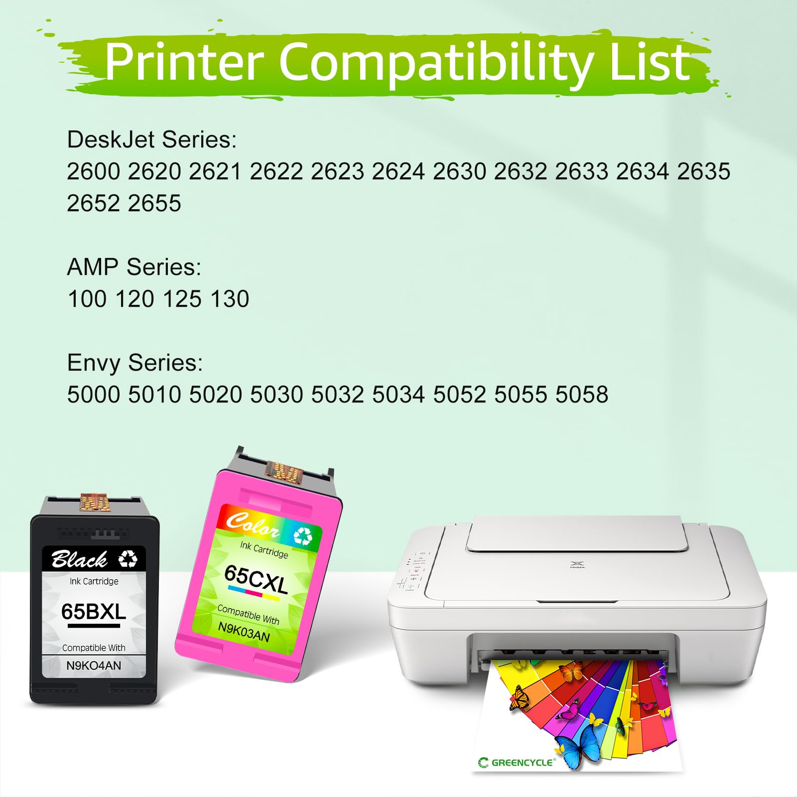 greencycle Remanufactured High Yield Ink Cartridge Compatible for HP 65XL 65 XL N9K04AN N9K03AN Envy 5055 5052 5058 Deskjet 2655 2622 3720 3730 3752 3758 All-in-One Printer (1 Black, 1 Tri-Color)