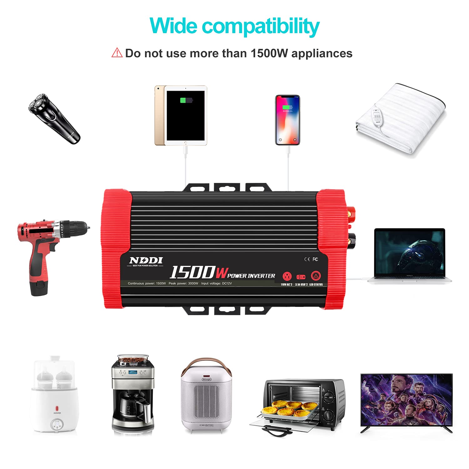 NDDI 1500W Car Power Inverter 12V DC to 110V AC Car Converter Charger Adapter with Dual 3.1A USB Port and AC Outlets Quick Charging