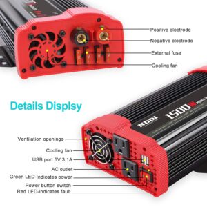 NDDI 1500W Car Power Inverter 12V DC to 110V AC Car Converter Charger Adapter with Dual 3.1A USB Port and AC Outlets Quick Charging