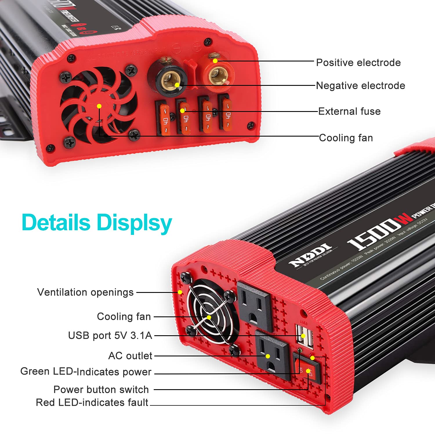 NDDI 1500W Car Power Inverter 12V DC to 110V AC Car Converter Charger Adapter with Dual 3.1A USB Port and AC Outlets Quick Charging