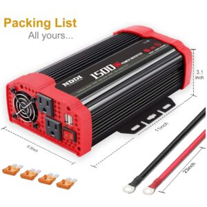 NDDI 1500W Car Power Inverter 12V DC to 110V AC Car Converter Charger Adapter with Dual 3.1A USB Port and AC Outlets Quick Charging