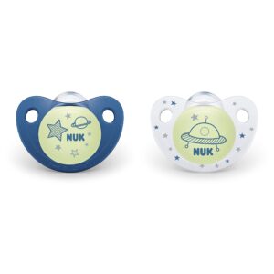 nuk cute-as-a-button glow-in-the-dark orthodontic pacifiers, 6-18 months, 2 pack, baby boys