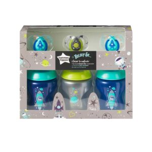 Tommee Tippee Closer to Nature Boldly Go Gift Set, 3x 9oz Baby Bottles, 3x 6-18mo Pacifiers, Slow Flow Breast-Like Nipple