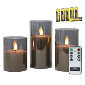 rhytsing gray glass battery operated led candles with remote, flameless candle gift set, warm white light - include 6 batteries