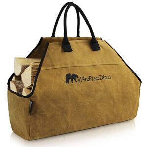 myfireplacedirect heavy duty waxed canvas log carrier tote bag with unique embroidered logo, extra large durable firewood holder with strong comfort handle, heavy duty wood carrying bag rust