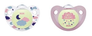 nuk cute-as-a-button glow-in-the-dark orthodontic pacifiers, baby girls, 0-6 months, 2-pack, 0.09 pounds