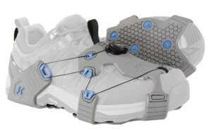 korkers ice walker ice cleats - lightweight and durable - 22 replaceable steel spikes (grey/aqua, small)