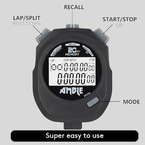 Stopwatch, Amble Countdown Timer and Stopwatch Record 20 Memories Lap Split Time with Tally Counter and Calendar Clock with Alarm for Sports Coaches and Referees