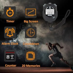 Stopwatch, Amble Countdown Timer and Stopwatch Record 20 Memories Lap Split Time with Tally Counter and Calendar Clock with Alarm for Sports Coaches and Referees