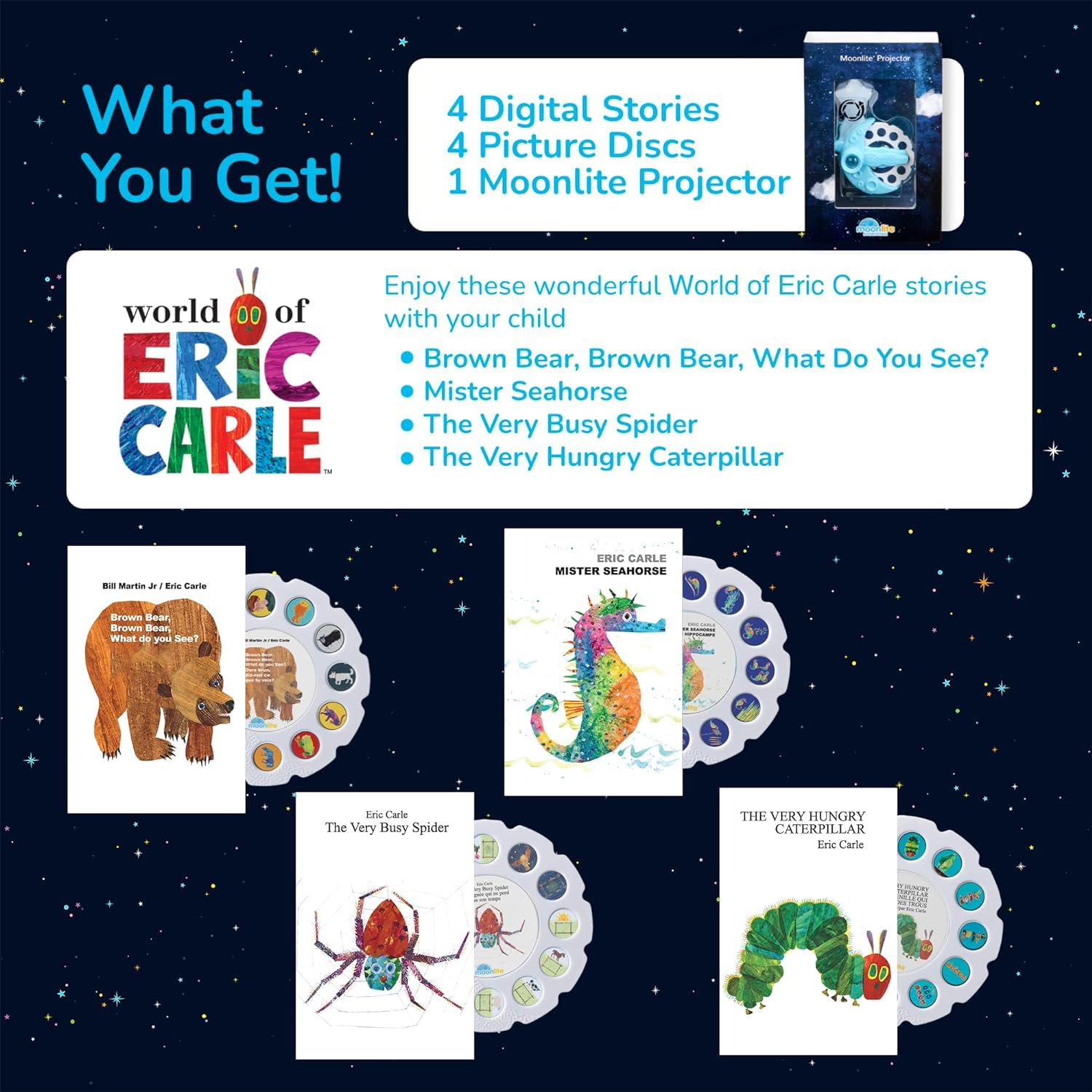 Moonlite Mini Projector With 4 Classic Eric Carle Stories, A New Way To Read Stories Together, 4 Eric Carle Digital Stories With Light Projector